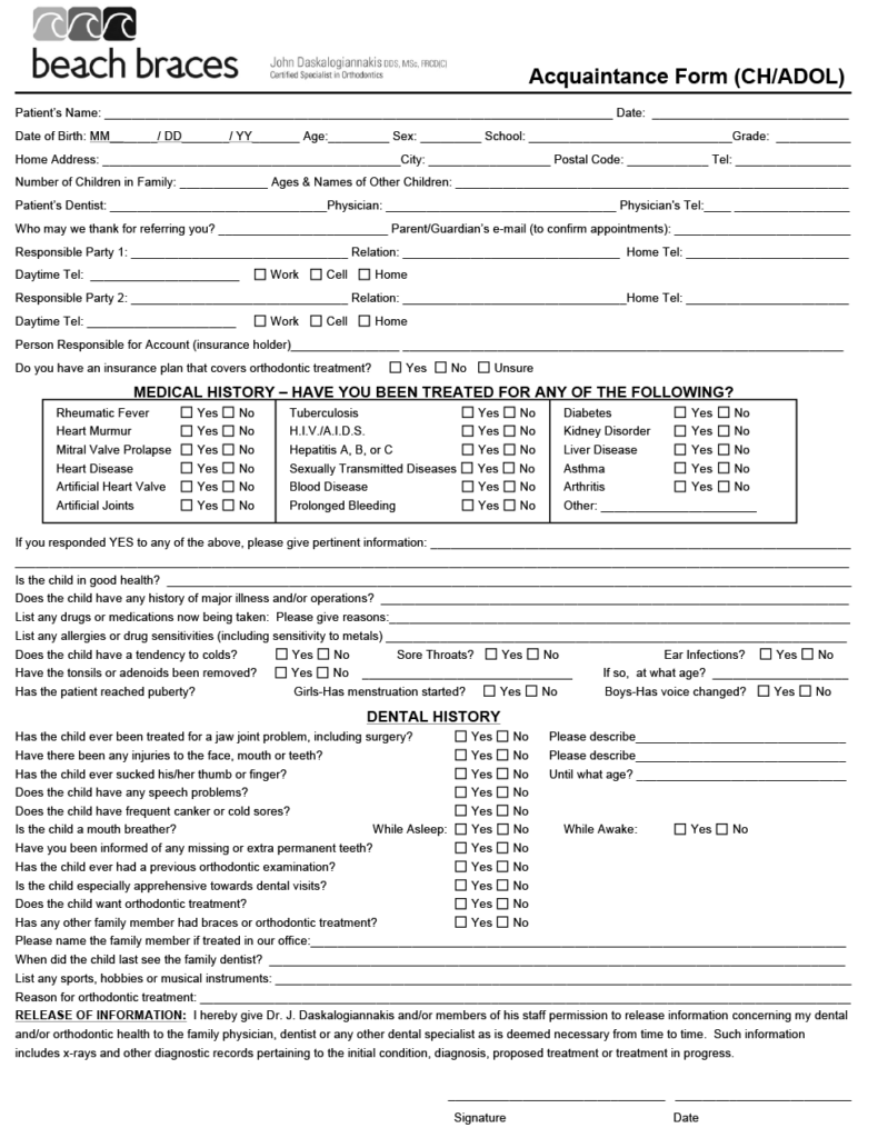 Patient Forms - Orthodontist Toronto Beach | Braces Toronto Beach ...